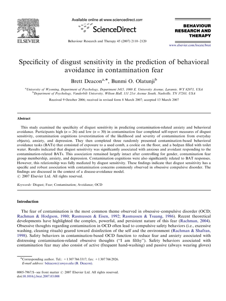 Deacon - Specificity of Disgust Sensitivity in The Prediction of ...