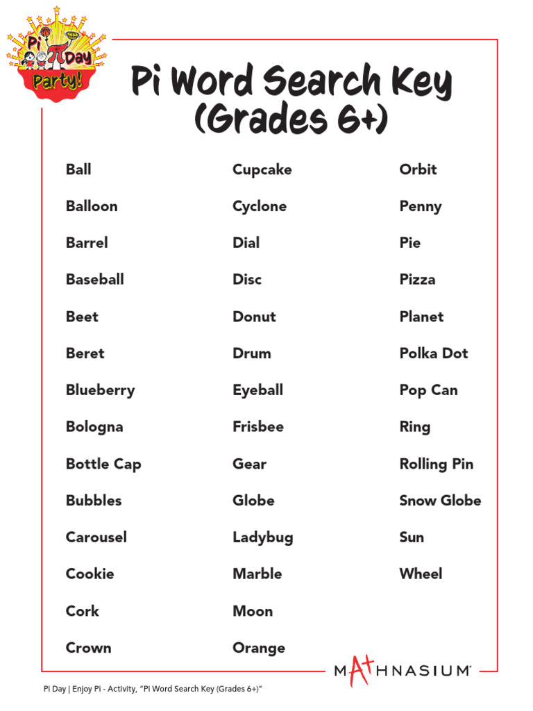 Pi Word Search Answers for Grades 6+ | PDF