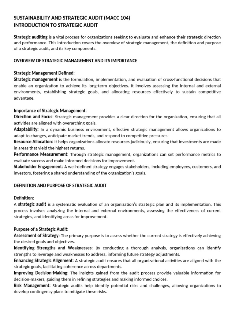 SUSTAINABILITY AND STRATEGIC AUDIT Introduction To Strategic Audit ...