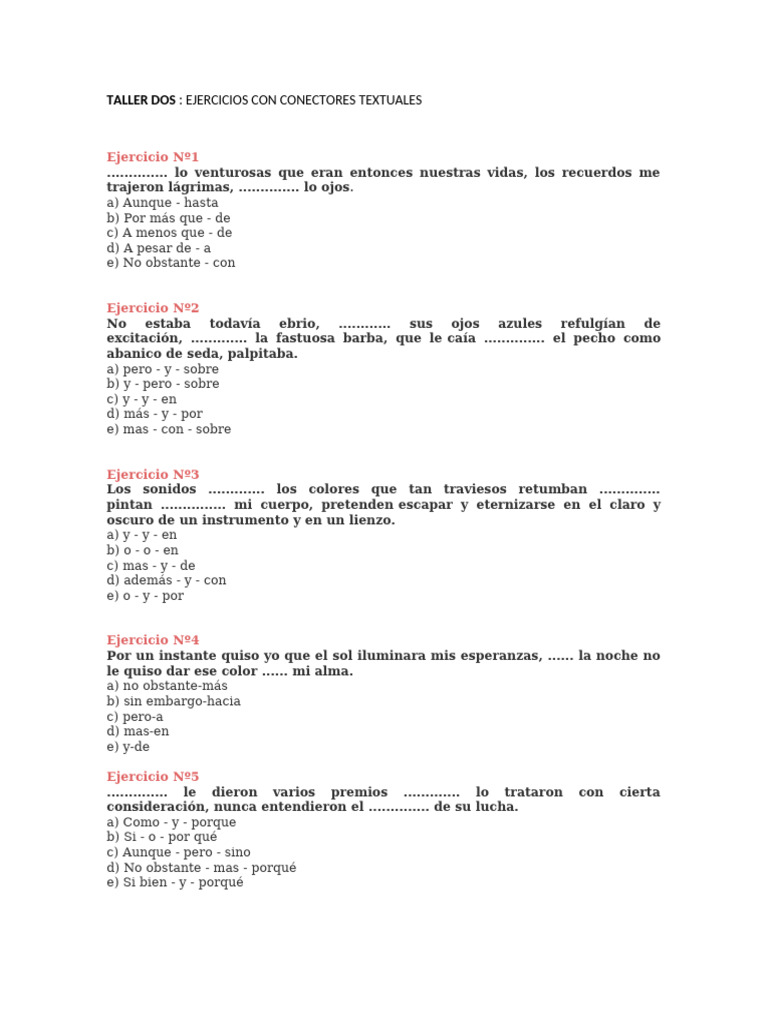 TALLER DOS EJERCICIOS CON CONECTORES TEXTUALES SIN RESOLVER | PDF