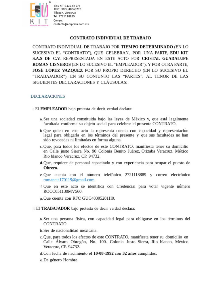 CONTRATO INDIVIDUAL DE TRABAJO | PDF