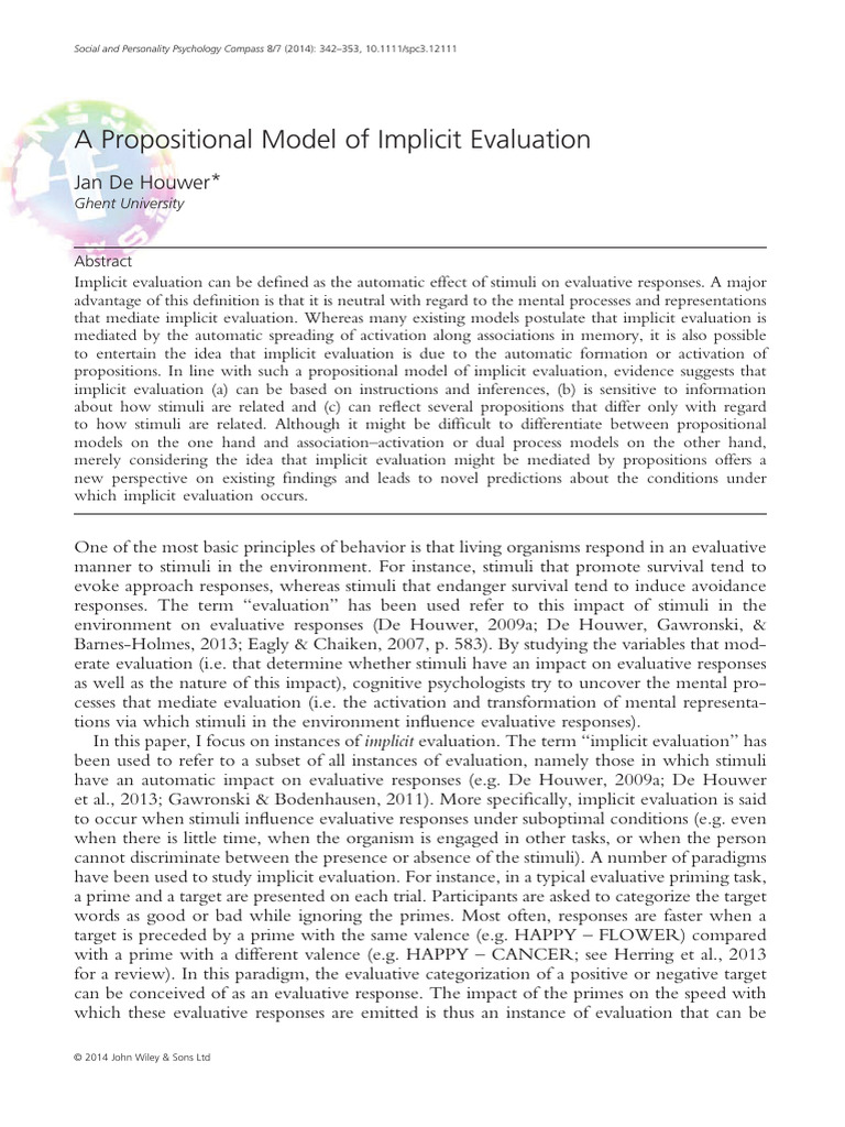 Houwer - A Propositional Model of Implicit Evaluation | PDF | Attitude (Psychology) | Priming ...