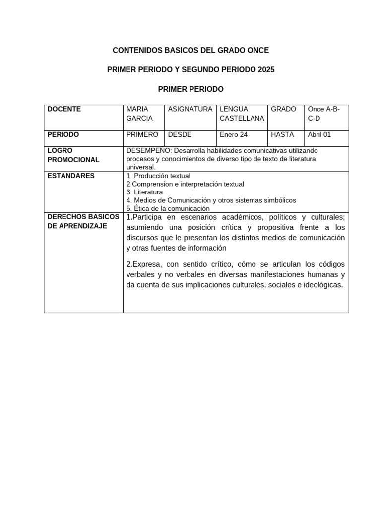 Contenidos Basicos Del Grado Once y Decimo Del 1 y 2 Periodo 2025 | PDF ...