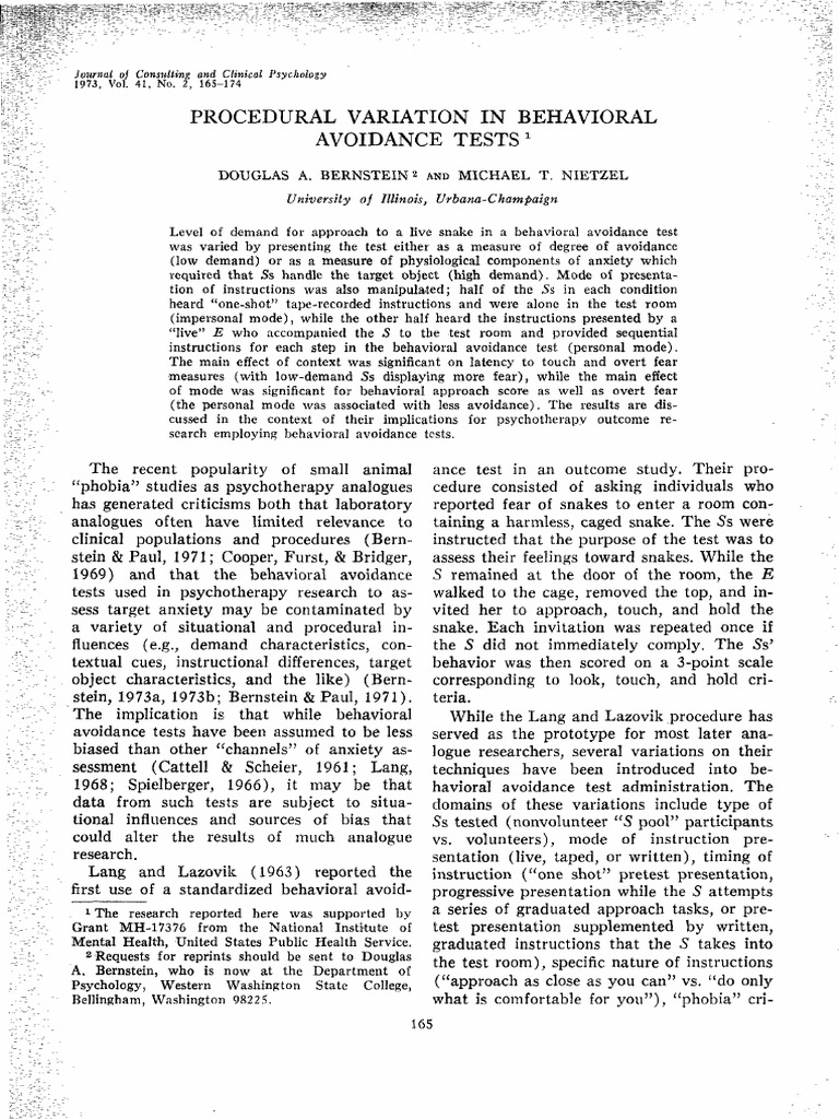 Bernstein & Nietzel - Procedural Variation in Behavioral Avoidance ...