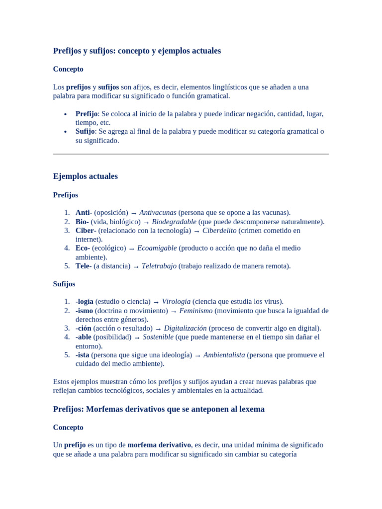 Prefijos y sufijos: definición y ejemplos | PDF | Palabra | Adverbio