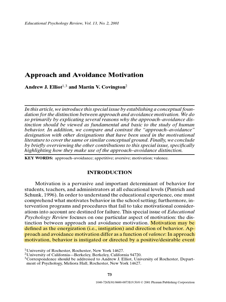 Elliot & Covington - Approach and Avoidance Motivation | PDF | Pleasure | Hedonism