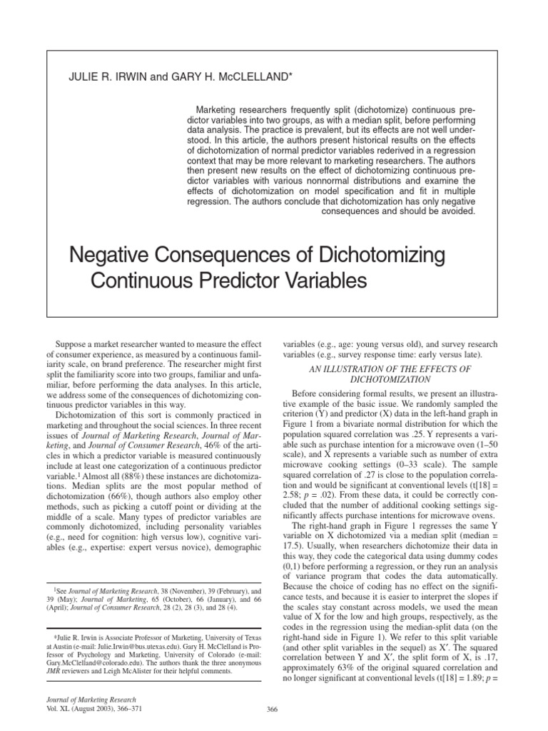 Irwin & McClelland - Negative Consequences of Dichotomizing Continuous Predictor Variables | PDF ...