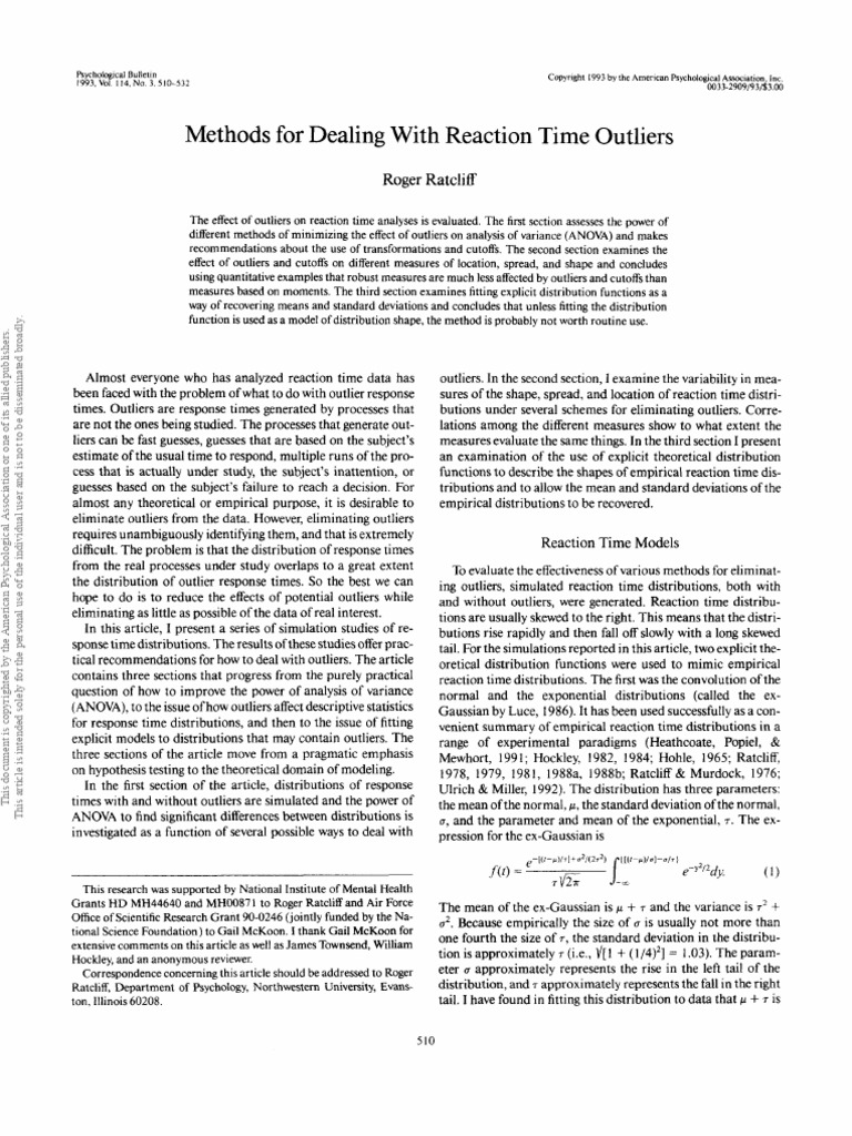 Ratcliff - Methods For Dealing With Reaction Time Outliers | PDF | Outlier | Mental Chronometry