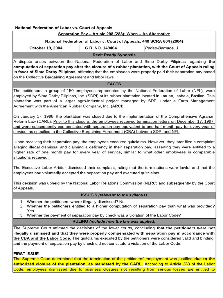 National Federation of Labor v. Court of Appeals, 440 SCRA 604 (2004 ...