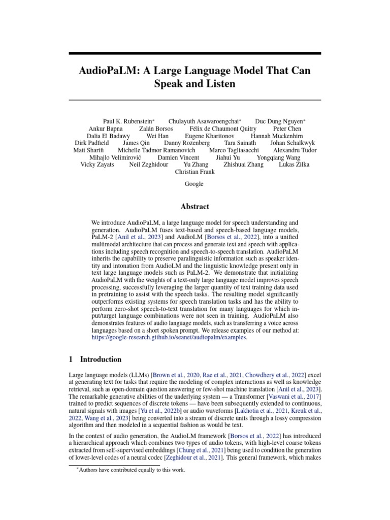 AudioPaLM - A Large Language Model That Can Speak and Listen | PDF | Speech Recognition | Speech ...