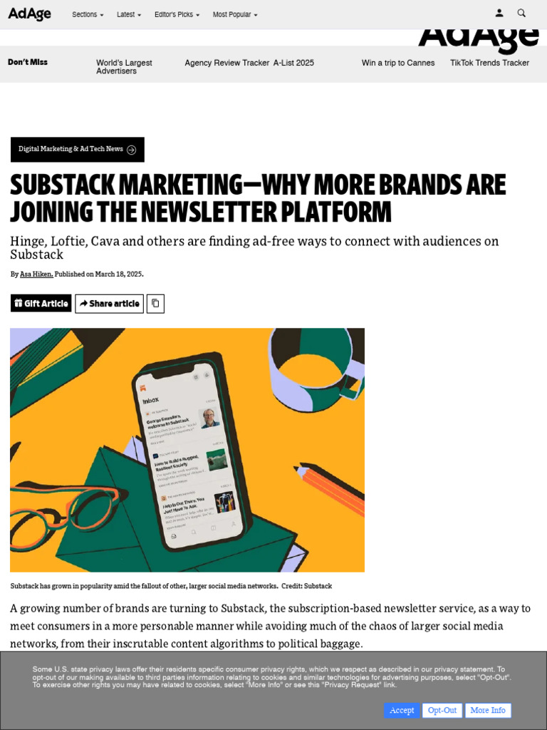 Substack Marketing - Brands Hinge, Loftie, Cava Join Platform - Ad Age | PDF | Social Media ...