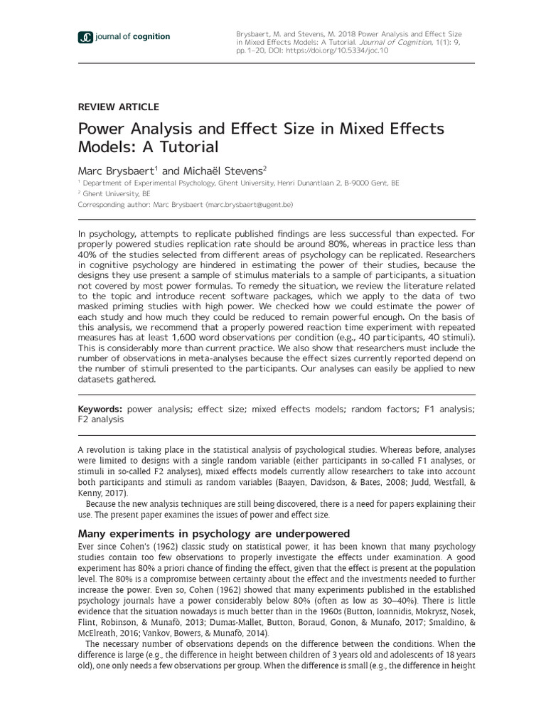 Brysbaert & Stevens - Power Analysis and Effect Size in Mixed Effects Models | PDF | Effect Size ...