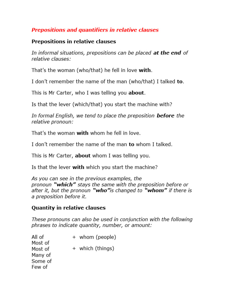 Relative Clauses With Prepositions And Quantifiers | PDF
