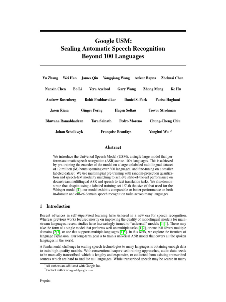 Google USM- Scaling Automatic Speech Recognition Beyond 100 Languages | PDF | Speech Recognition ...