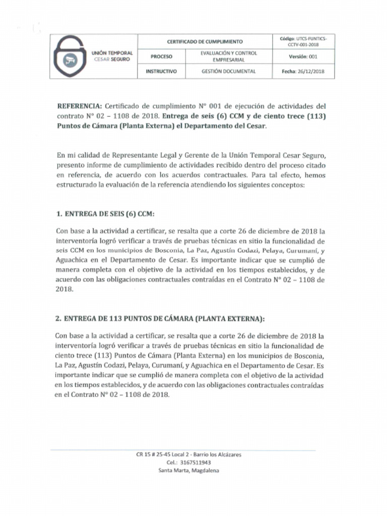 Certificado de Cumplimiento 001 Union Temporal | PDF