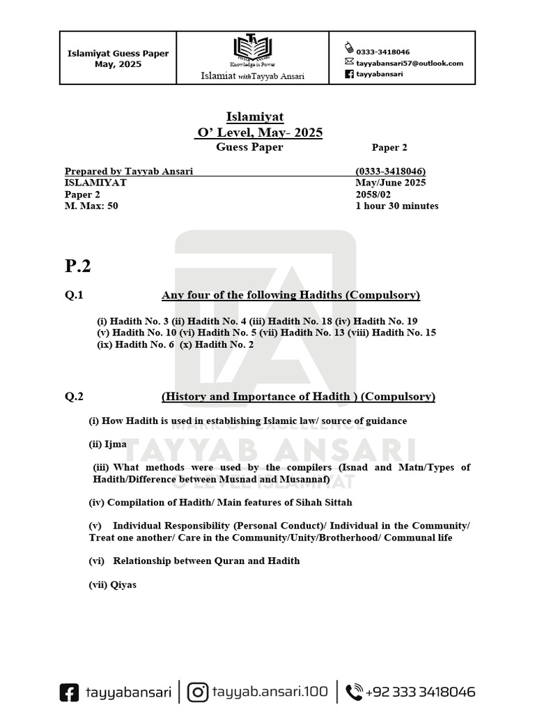 Guess Paper May, 2025 (P.2) | PDF | Hadith | Prophets And Messengers In ...