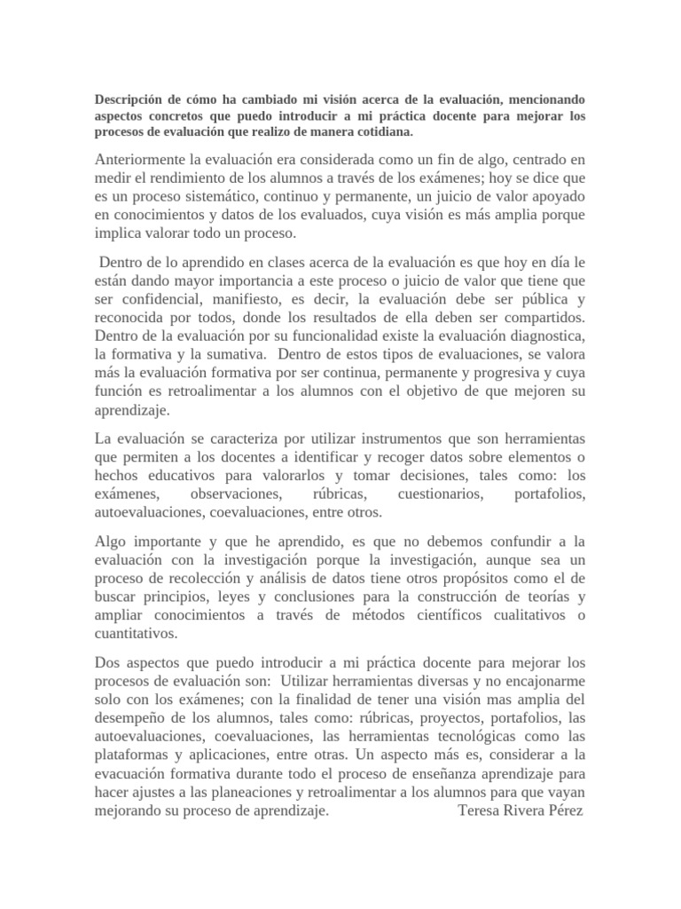 Descripción de Cómo Ha Cambiado Mi Visión Acerca de La Evaluación | PDF ...