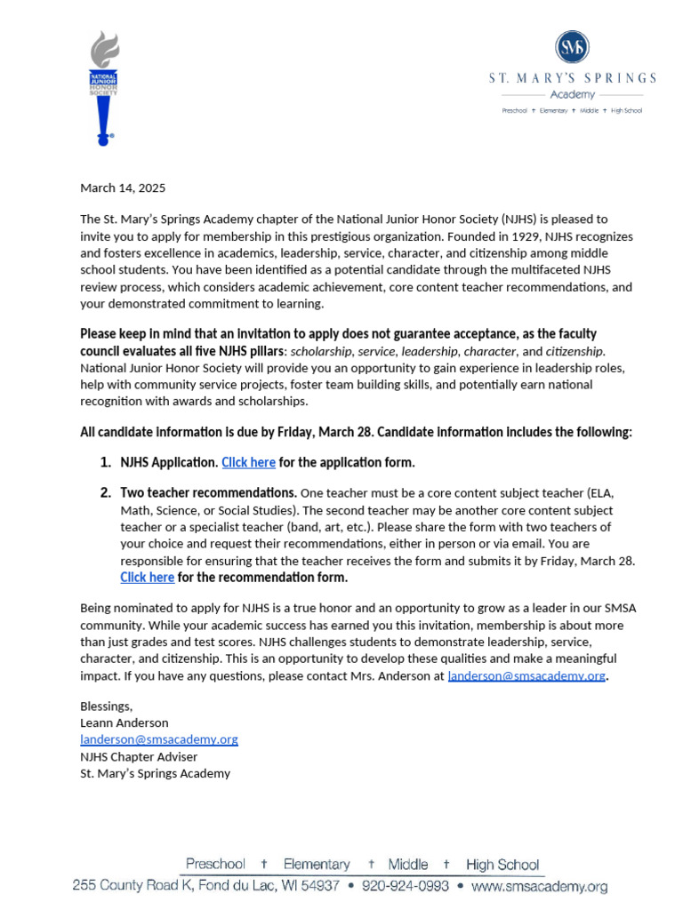 NJHS Membership Application Invitation | PDF