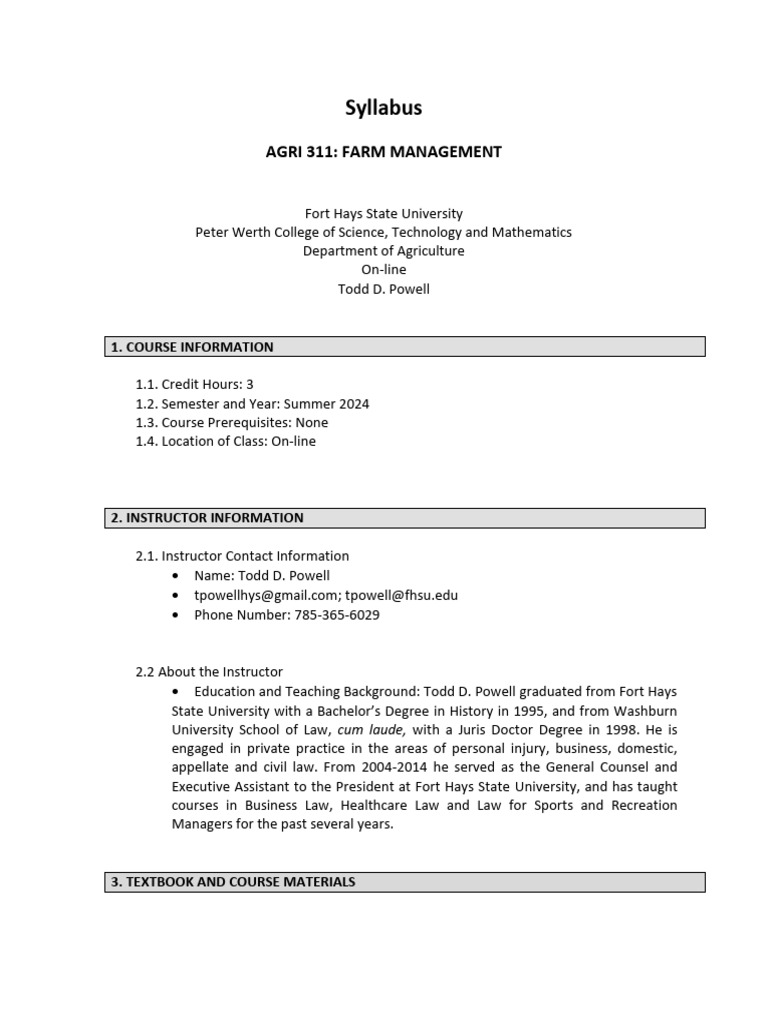 2024U - AGRI311 - VA - Farm Management - Syllabus | PDF | Valuation ...