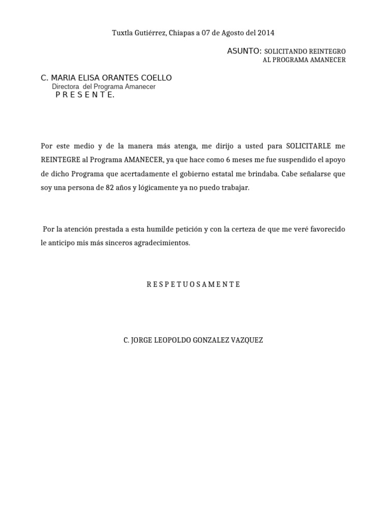 Solicitud de Reintegro al Programa Amanecer | PDF