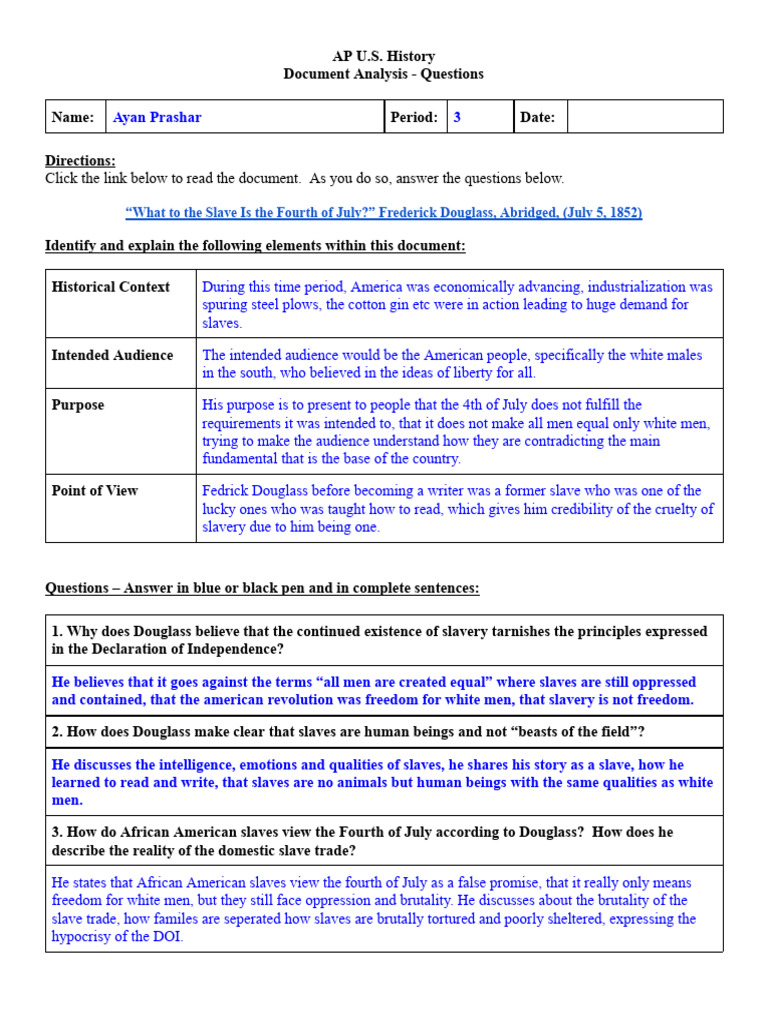 Ayan Prashar - Document Analysis - Fourth of July Speech - Questions ...