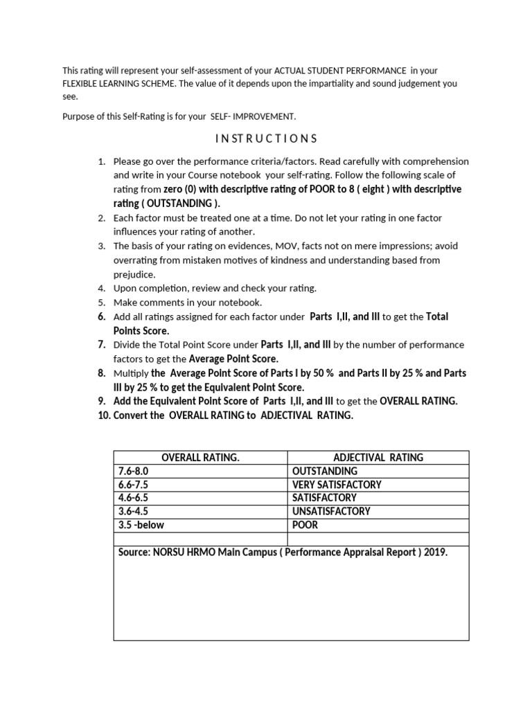 Instructions For Self Rating | PDF