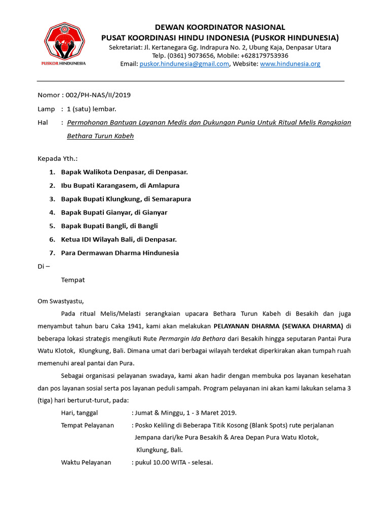 Surat Dukungan Sewaka Dharma Melasti 2019 | PDF
