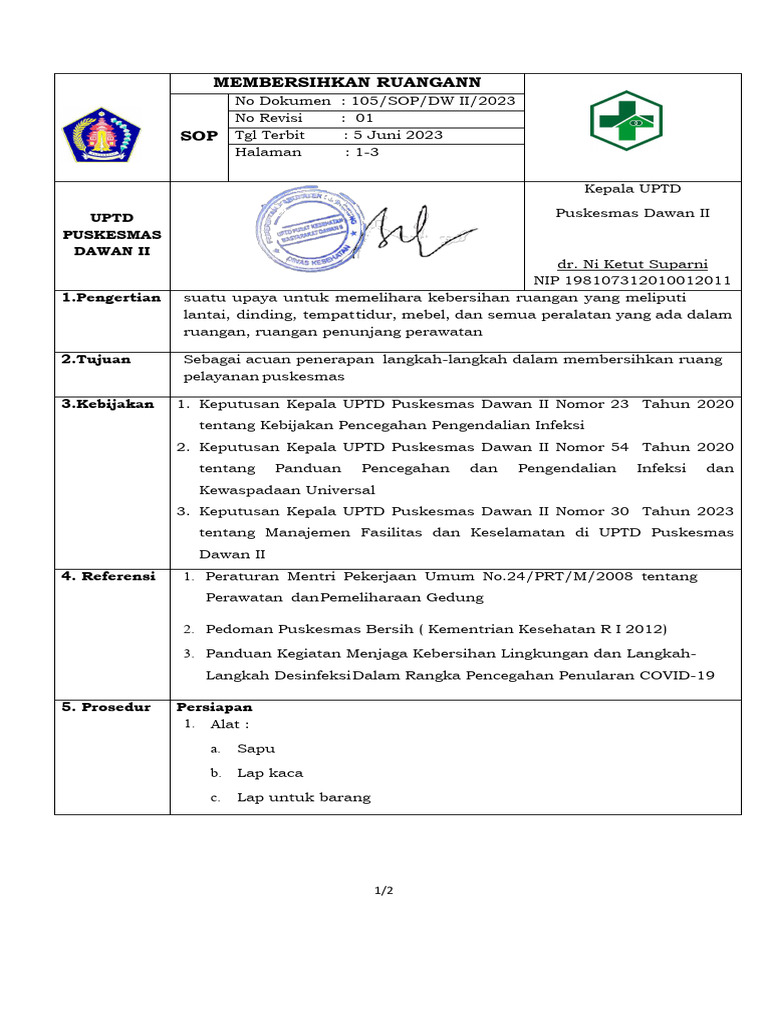 SOP Kebersihan Ruangan Puskesmas | PDF