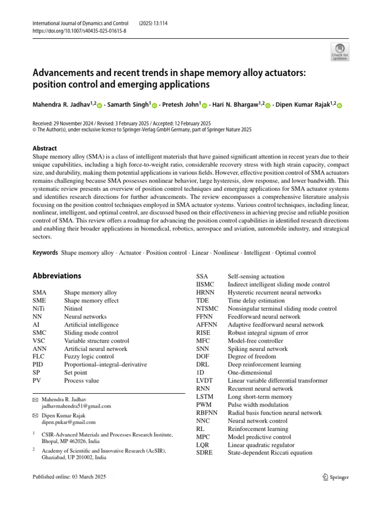 Advancements and recent trends in shape memory alloy actuators - position control and emerging ...