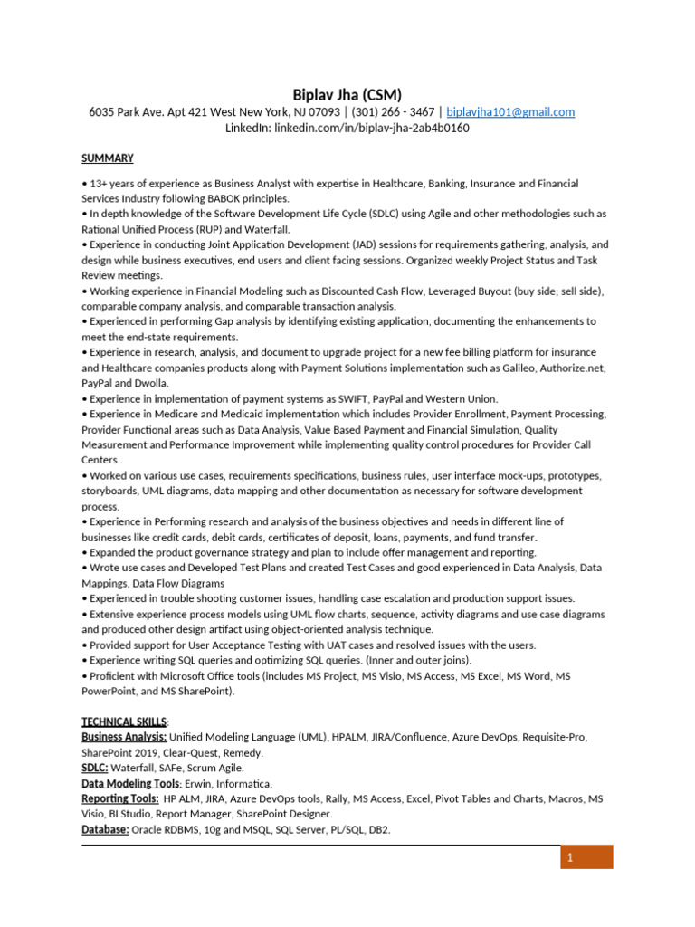 Biplav Jha - Business Analyst Remote - Jconnect Infotech Inc | PDF | Customer Relationship ...