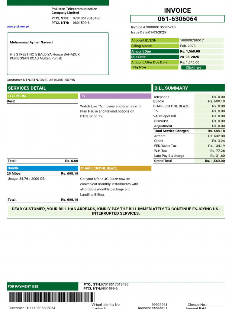 PTCL Ebill | PDF