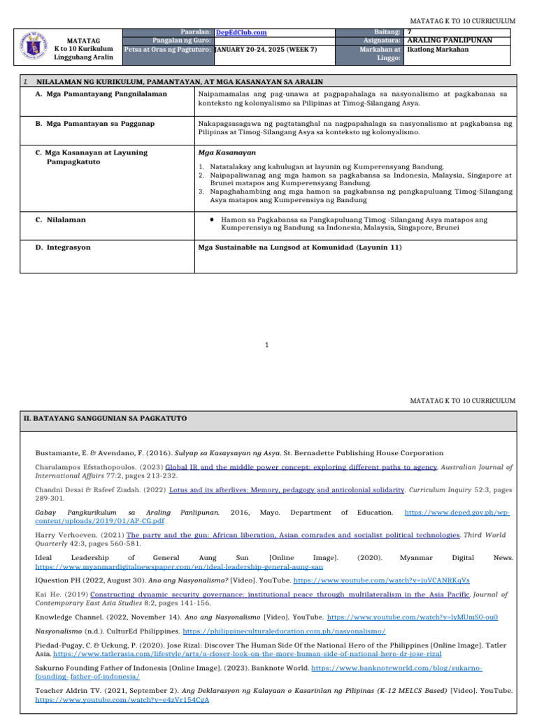 Dll Matatag _araling Panlipunan 7 q3 w7 | PDF