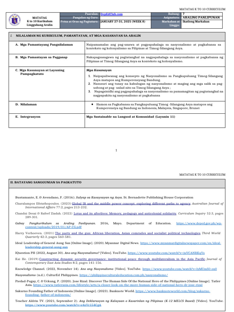 DLL Matatag - Araling Panlipunan 7 q3 w8 | PDF