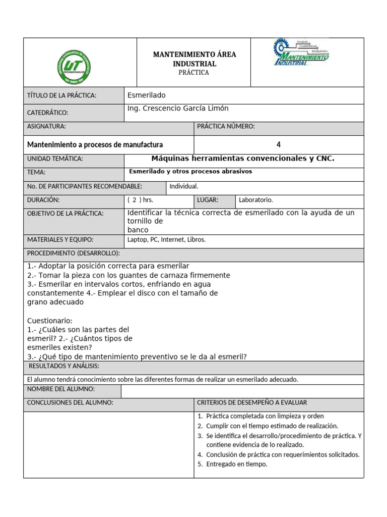 Práctica 4 Esmerilado | PDF