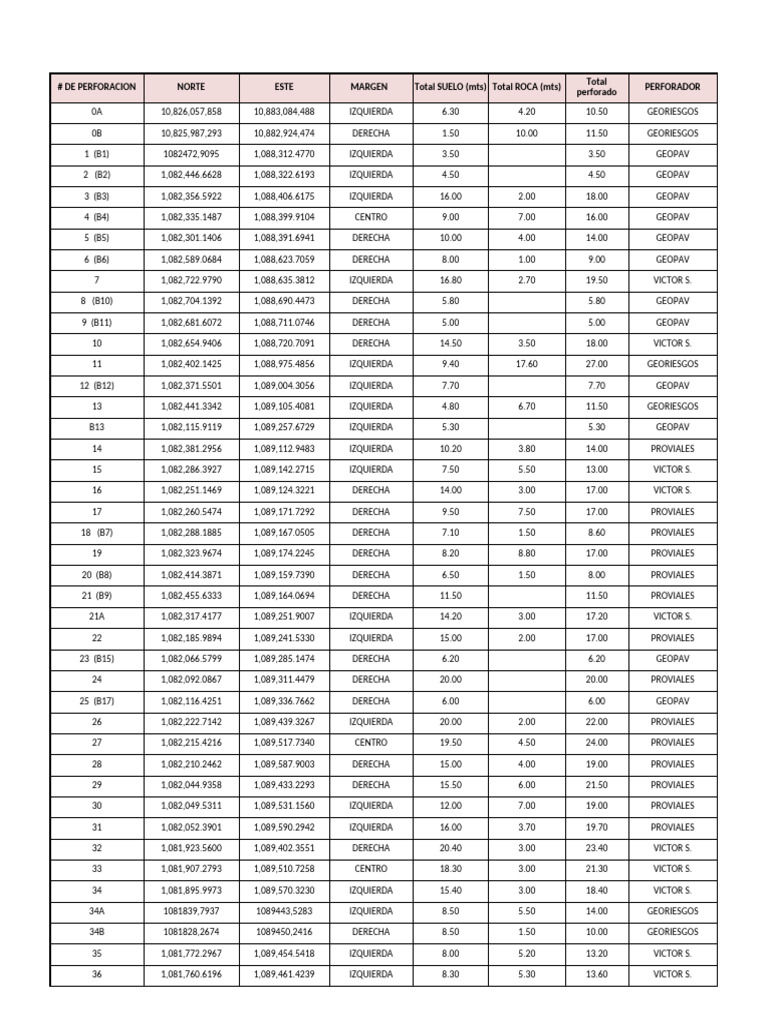 RELACION PERFORACIONES HITO 2 | PDF