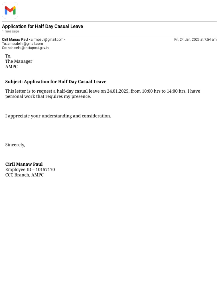 Gmail - Application for Half Day Casual Leave | PDF
