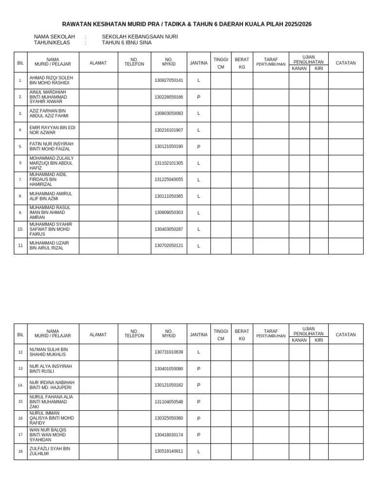 Borang Rawatan Murid | PDF