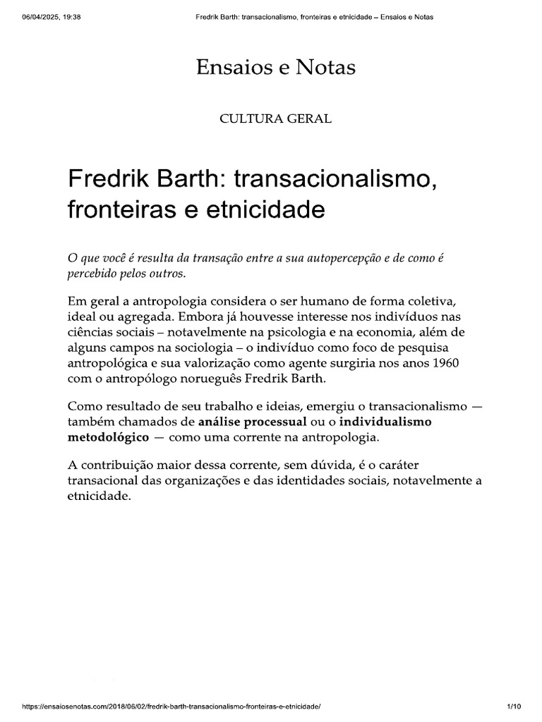 Fredrik Barth - Transacionalismo, Fronteiras e Etnicidade | PDF