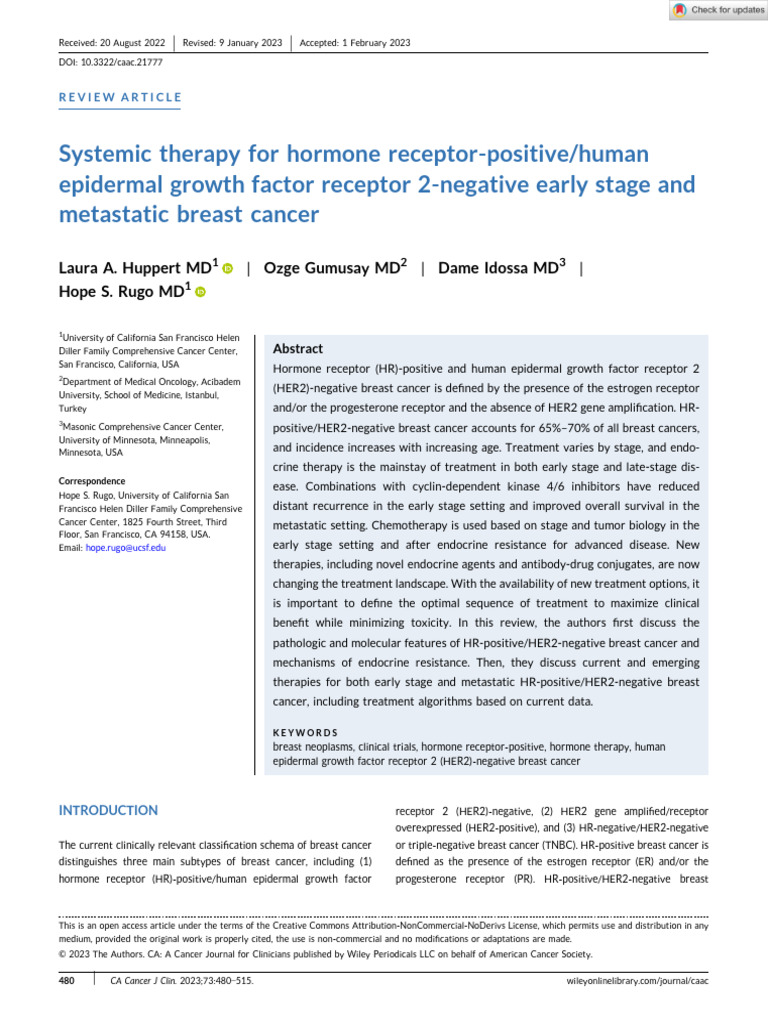 CA A Cancer J Clinicians - 2023 - Huppert - Systemic therapy for hormone receptor‐positive human ...