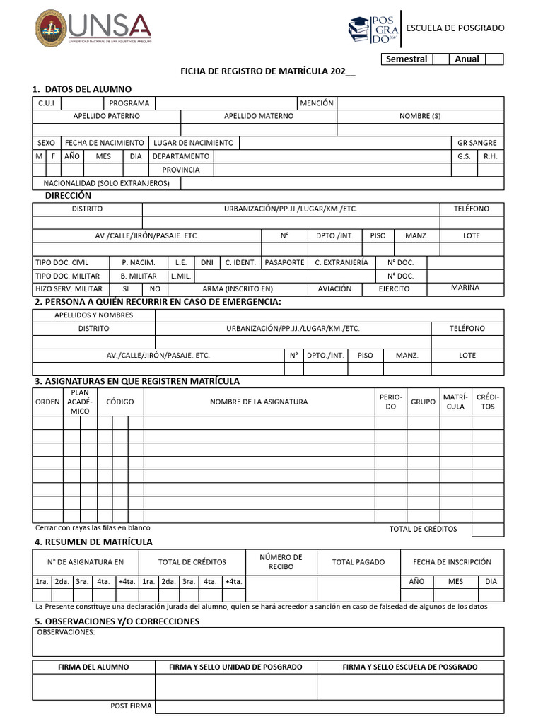 Ficha Registro de Matrícula - Escuela de Posgrado - Unsa | PDF | Autenticación | Control de acceso