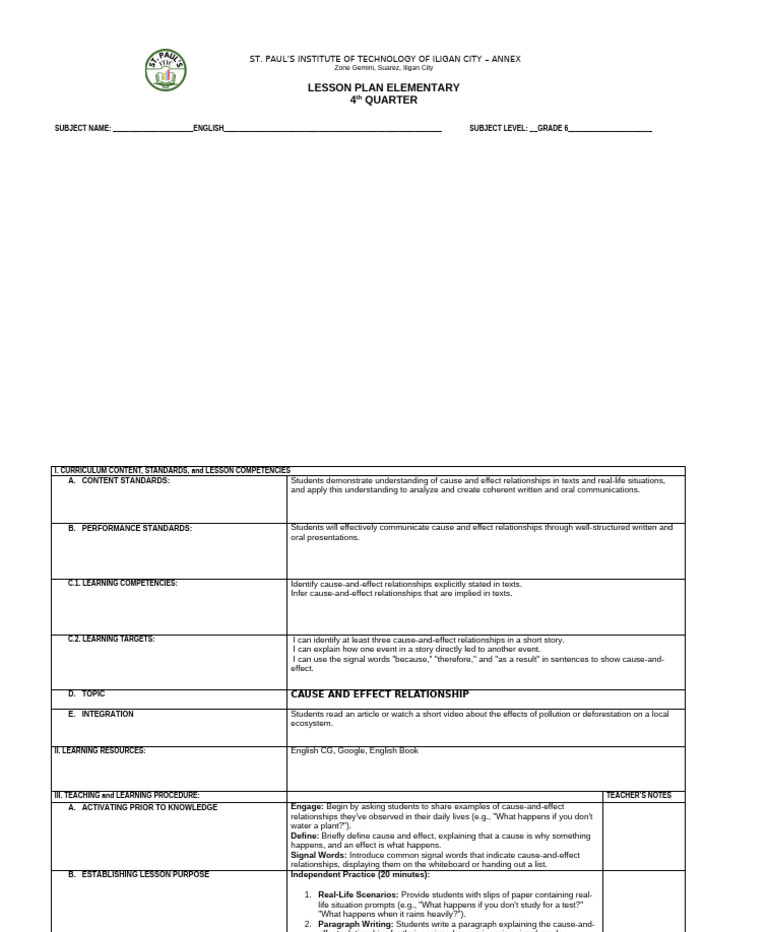 English Grade 6 Lesson Plan 4th Quarter | PDF | Causality | Learning