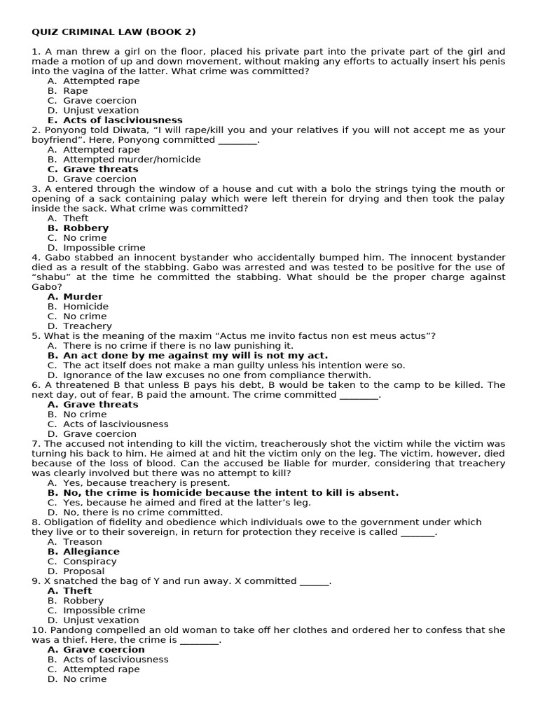 QUIZ CRIMINAL LAW BOOK 2 | PDF | Crimes | Crime & Violence