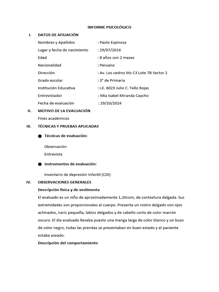 INFORME PSICOLÓGICO CDI Mia Final | PDF | Las emociones | Depresión (estado de ánimo)
