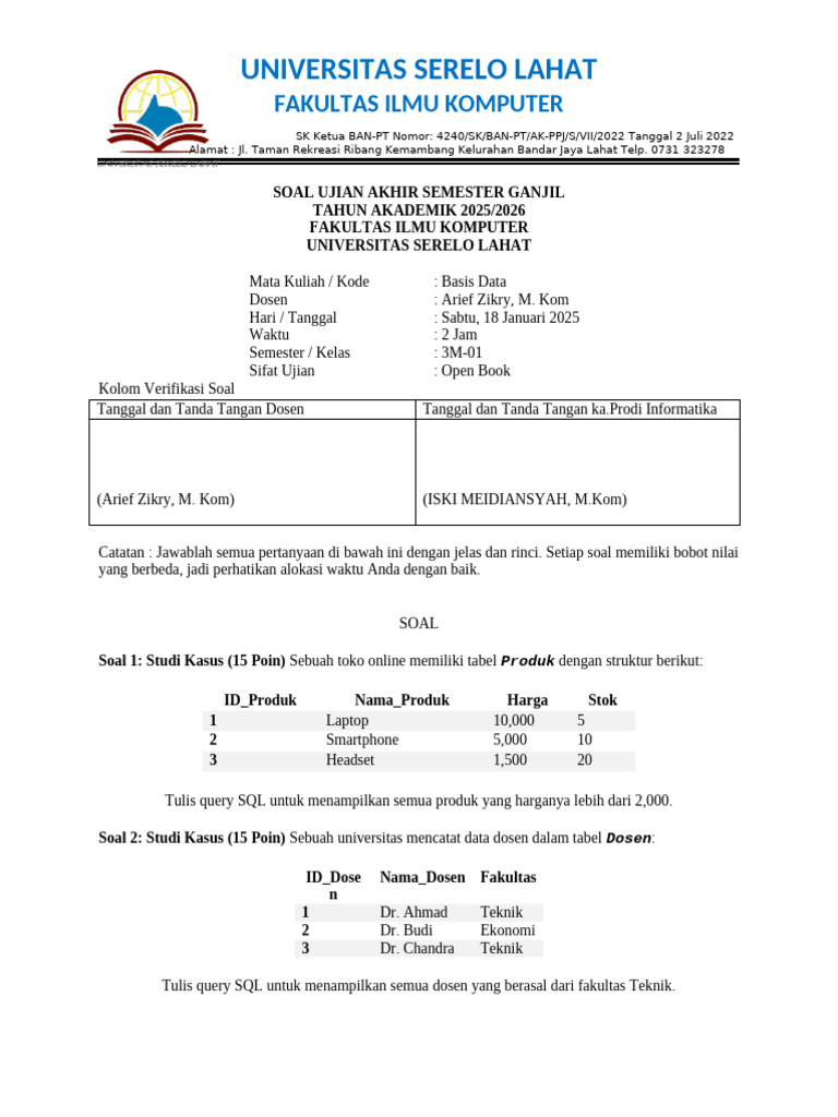 Soal UAS DataBase Kelas Karyawan 3M-01 | PDF