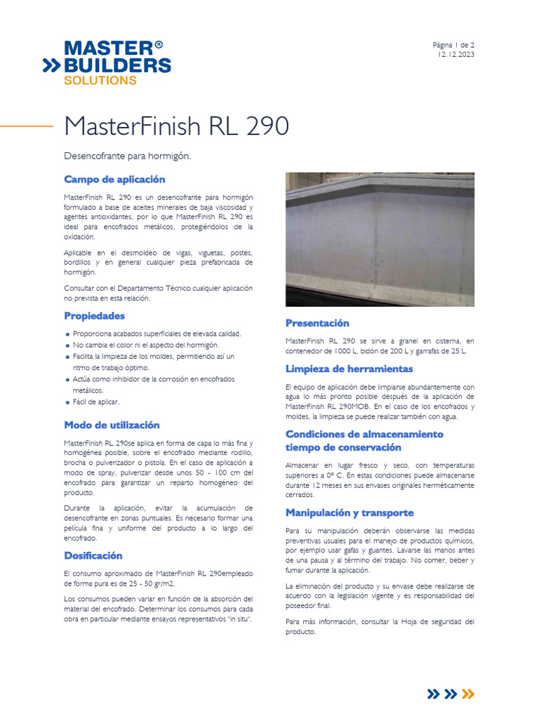 Masterfinish RL 290 | PDF | Hormigón | Agua