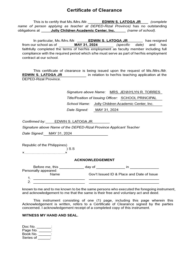 Certificate of Clearance | PDF