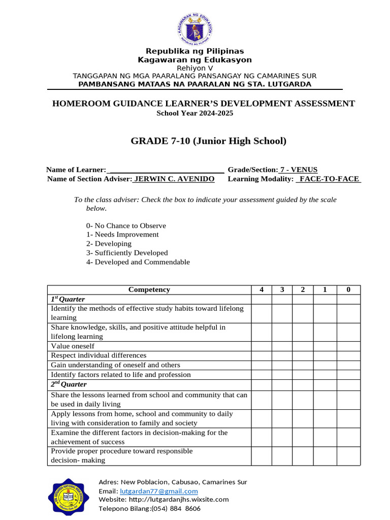 HOMEROOM GUIDANCE LEARNERS DEVELOPMENT ASSESSMENT Junior hIGH SCHOOL ...