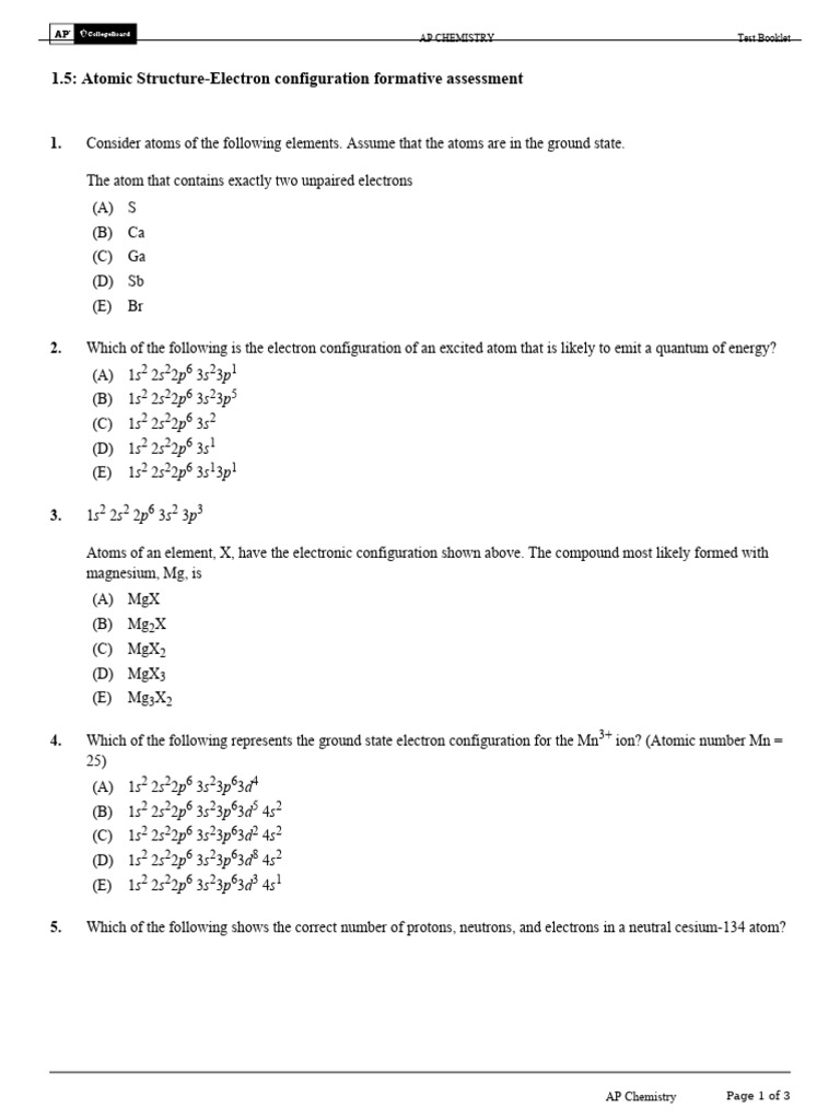 1 5 Atomic Structure Electron Configuration Formative Assessment Pdf