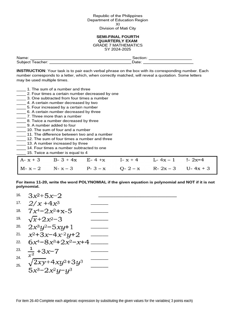 Quarterly Test_Q4 Mathematics 8 | PDF