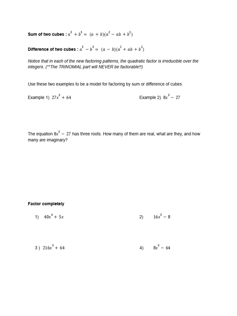 D3 - Sum - Diff of Cubes Practice | PDF